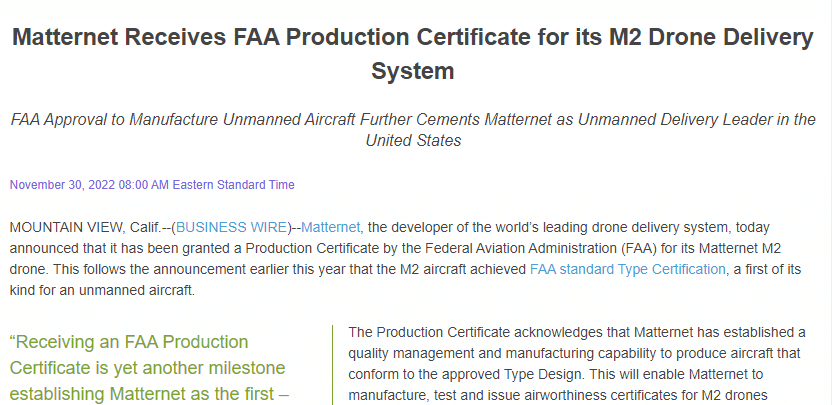 Matternet Receives FAA Production Certificate for its M2 Drone Delivery ...